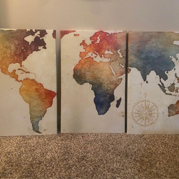 Wall Decor | 3 Piece Multi Color World Map Canvas Set | Poshmark